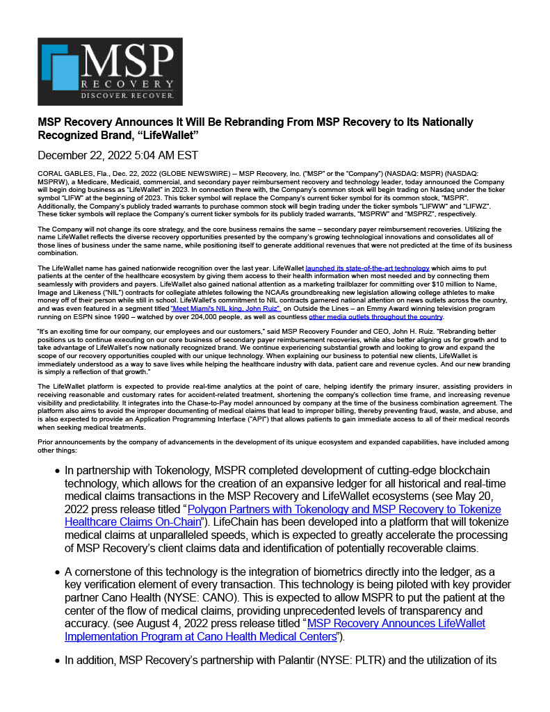 MSP RECOVERY ANNOUNCES IT WILL BE REBRANDING FROM MSP RECOVERY TO ITS ...