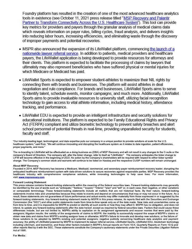 MSP RECOVERY ANNOUNCES IT WILL BE REBRANDING FROM MSP RECOVERY TO ITS ...